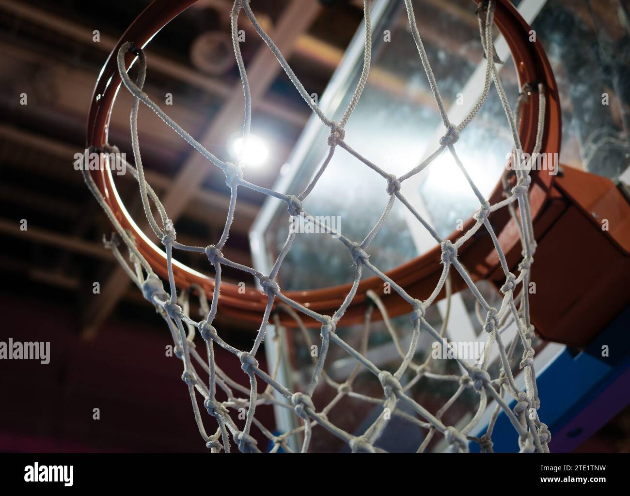 Basketball basket or hoop with backboard backlit bottom view Stock ...
