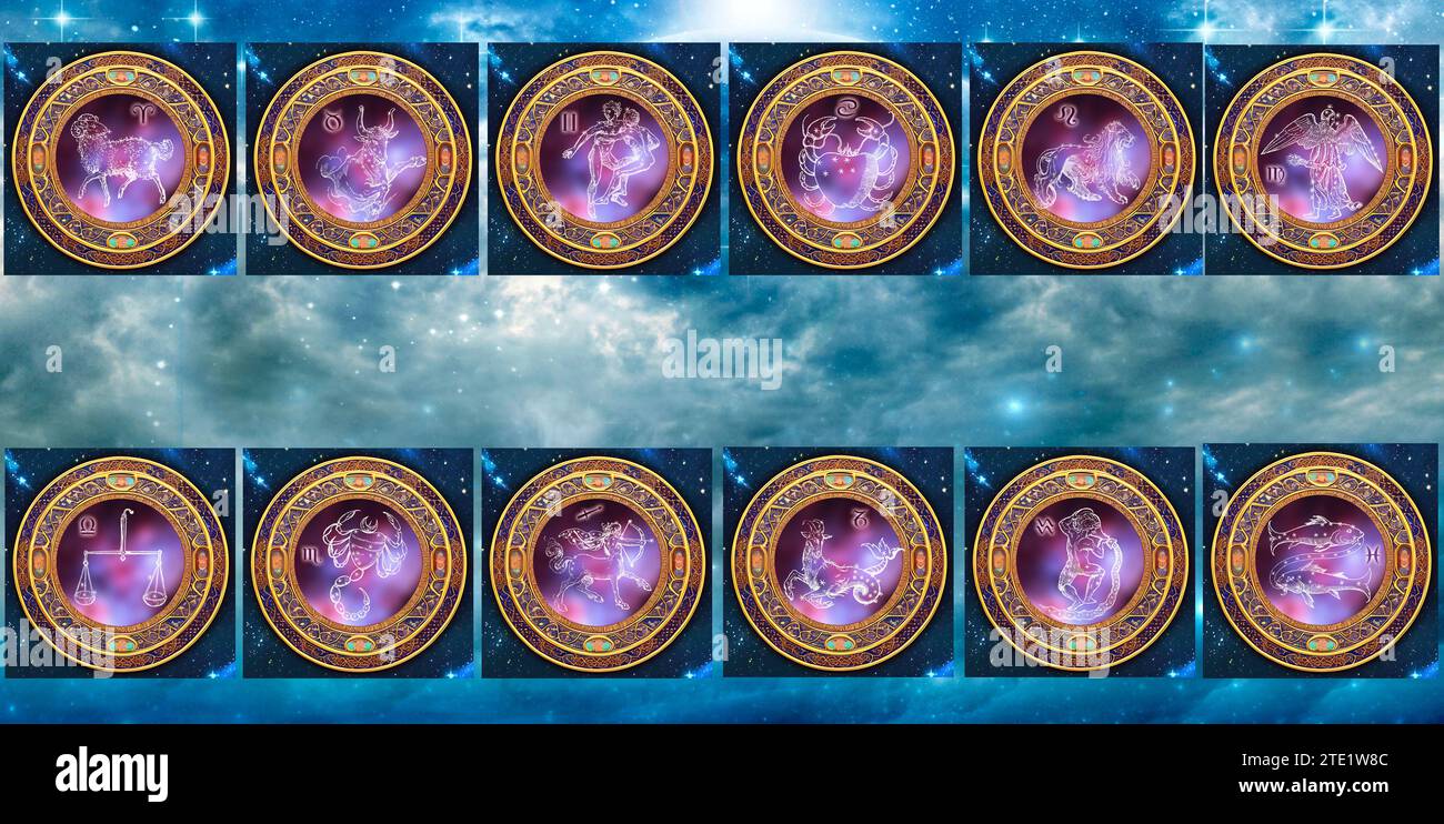 all the twelve zodiac signs inside a golden ring Stock Photo - Alamy