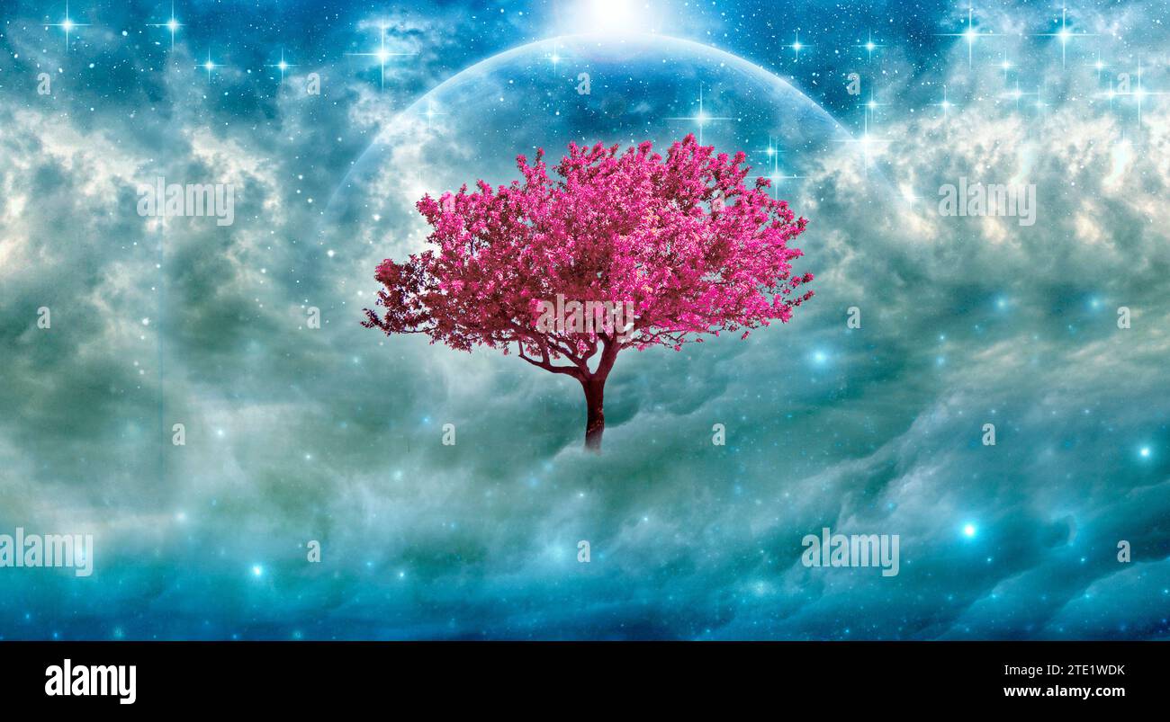 mystical backdrop with pink tree, clouds, stars and planet Stock Photo ...