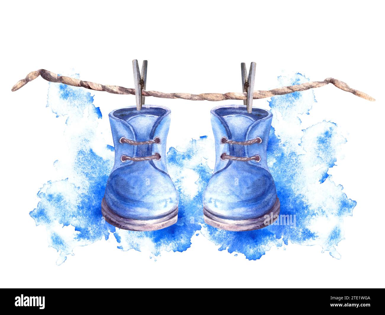 Baby blue booties, shoes with clothesline and clothes pegs against a ...