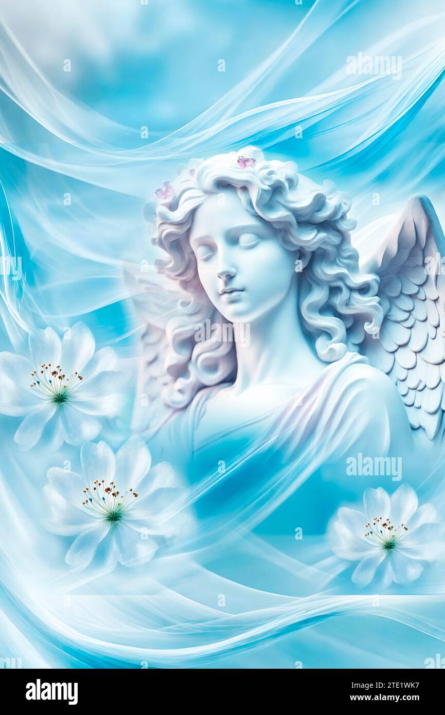 beautiful archangel dreaming or praying with romantic white spring ...