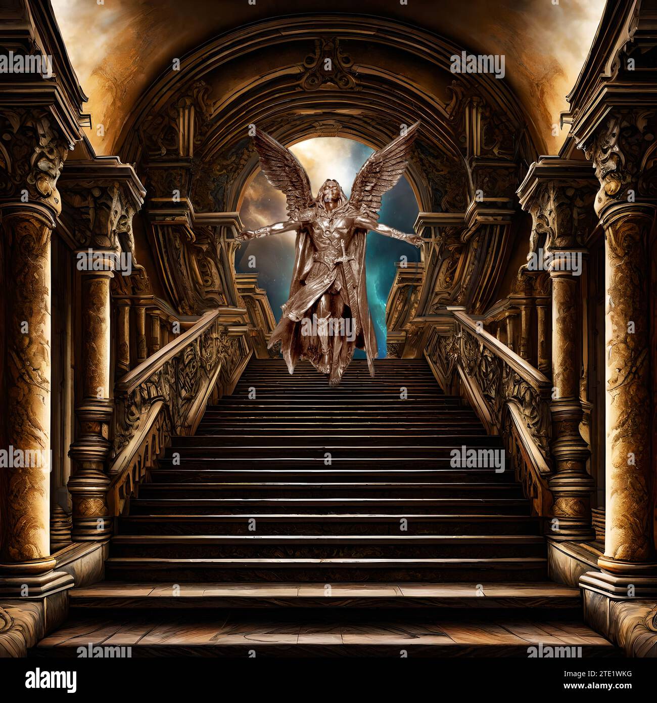 archangel Michaeal statue with open arms and spread wings on a ...