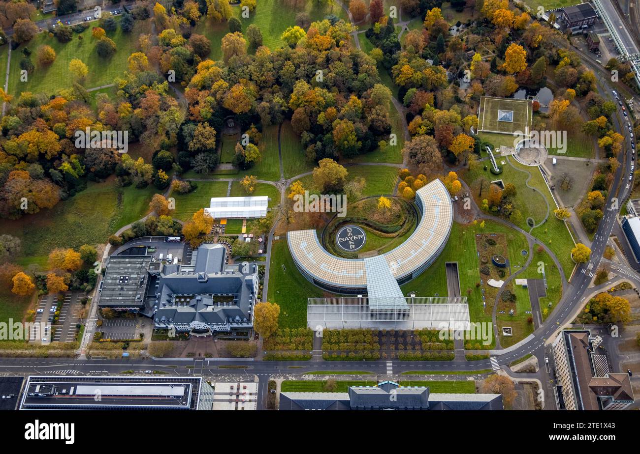 Aerial view, semicircular building of the Bayer AG headquarters in the ...