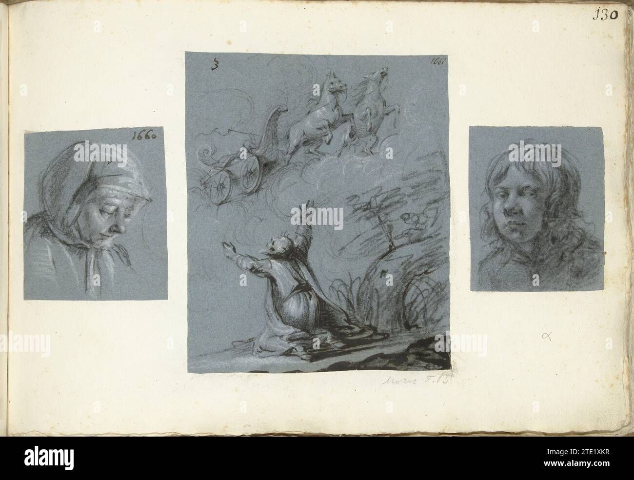 Two portraits and the Ascension of Elia, 1660 - 1661 Three drawings of ...