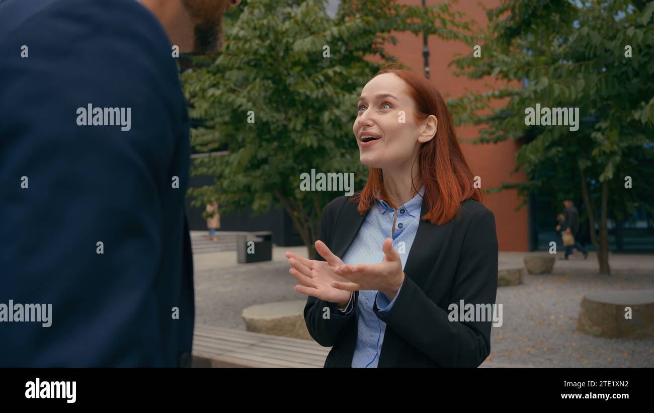 Work break in city office outside collaboration business partners happy ...