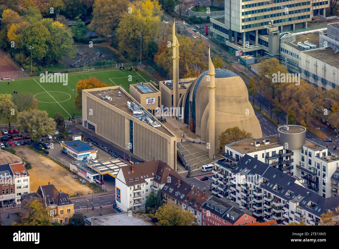 Aerial view, Ditib Central Mosque Cologne with modern building design ...