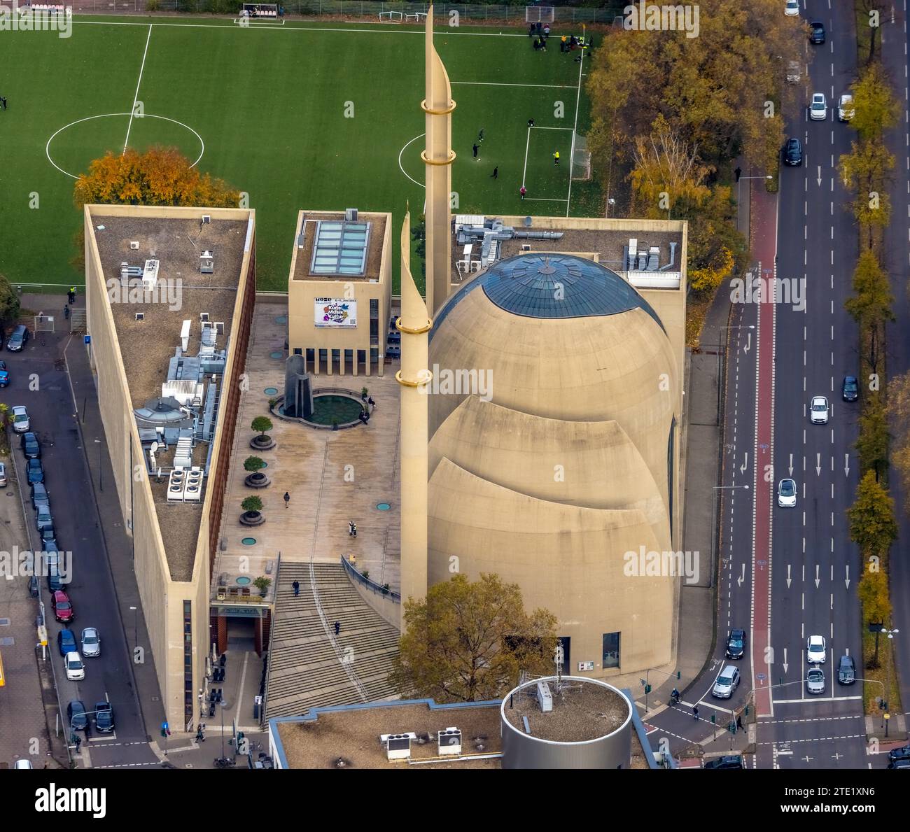 Aerial view, Ditib Central Mosque Cologne with modern building design ...