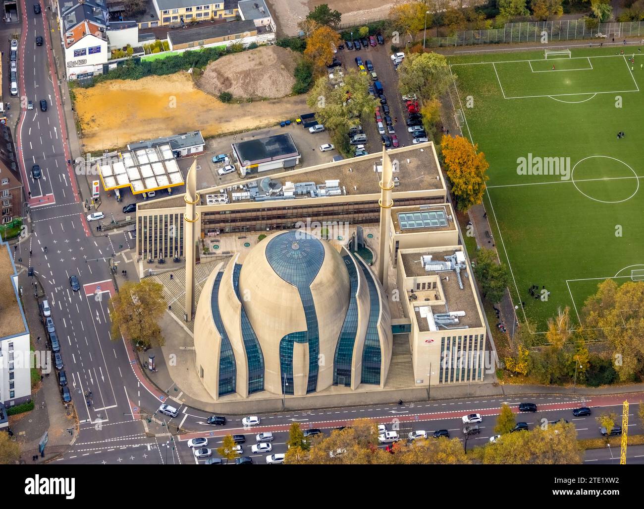 Aerial view, Ditib Central Mosque Cologne with modern building design ...