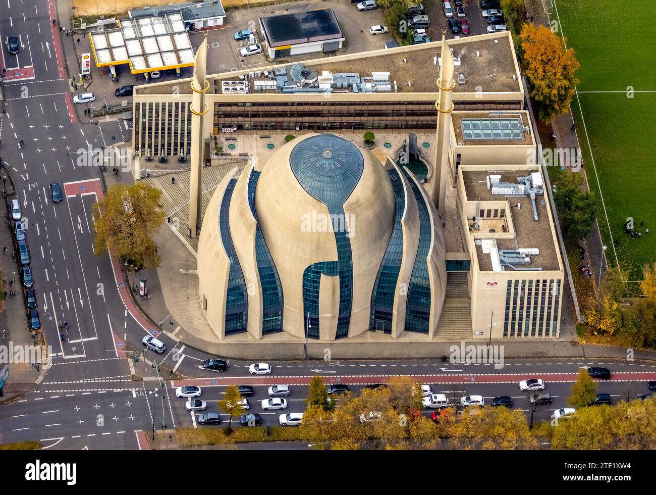 Aerial view, Ditib Central Mosque Cologne with modern building design ...