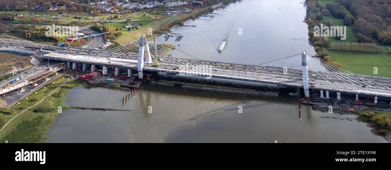 Aerial view, construction site Rhine bridge Leverkusen of the highway ...