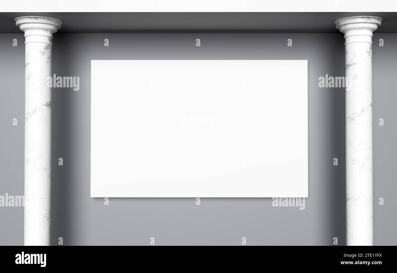 Blank billboard or poster on gray wall with white marble columns. Mock ...