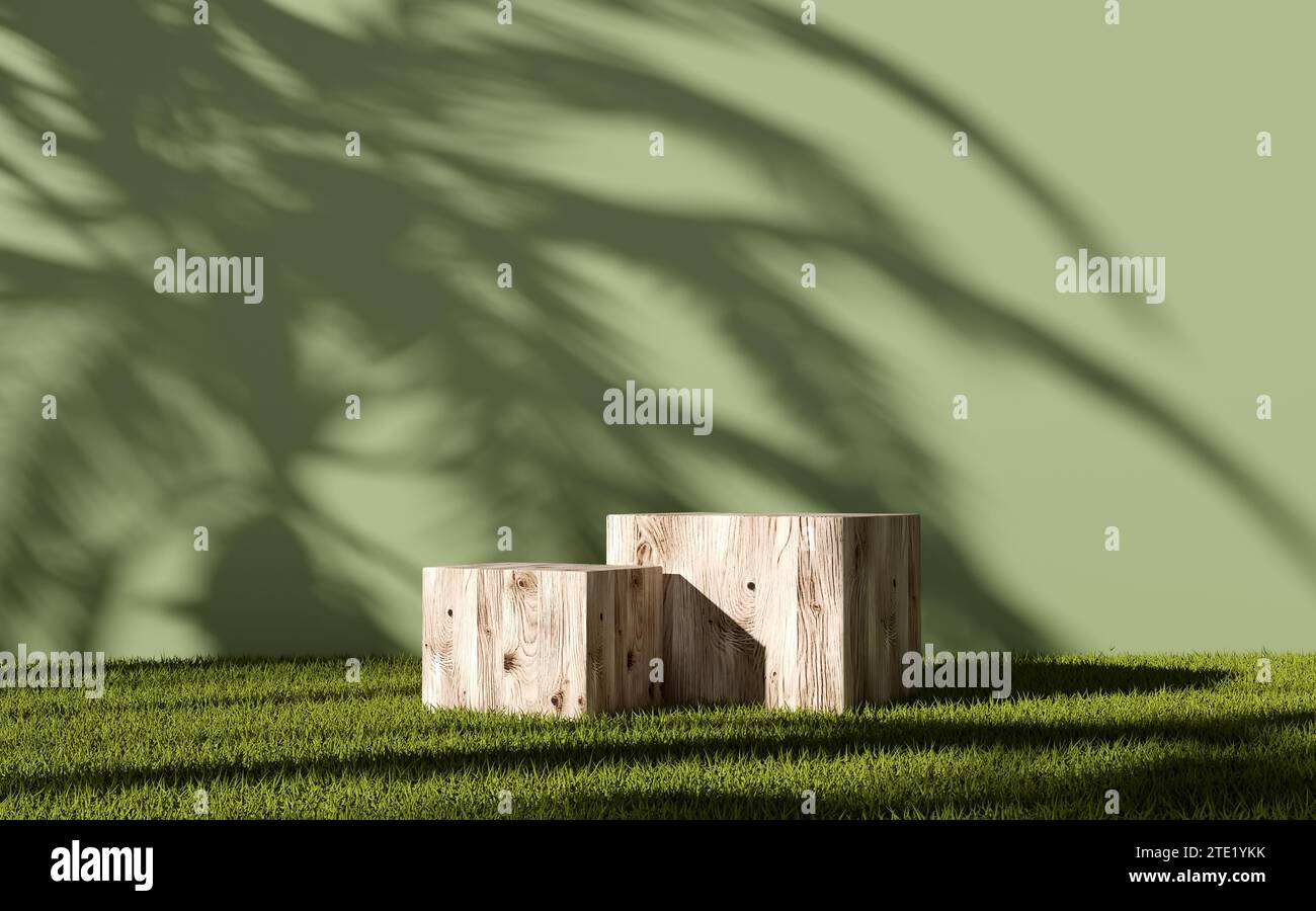 Wooden cube shaped stands or podiums on the green grass of a garden for ...