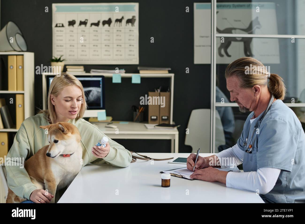 Female dog owner talking to male veterinarian while he writing medical ...