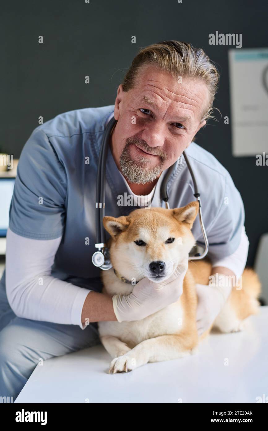 Male vet doctor posing together with dog at veterinary clinic office ...