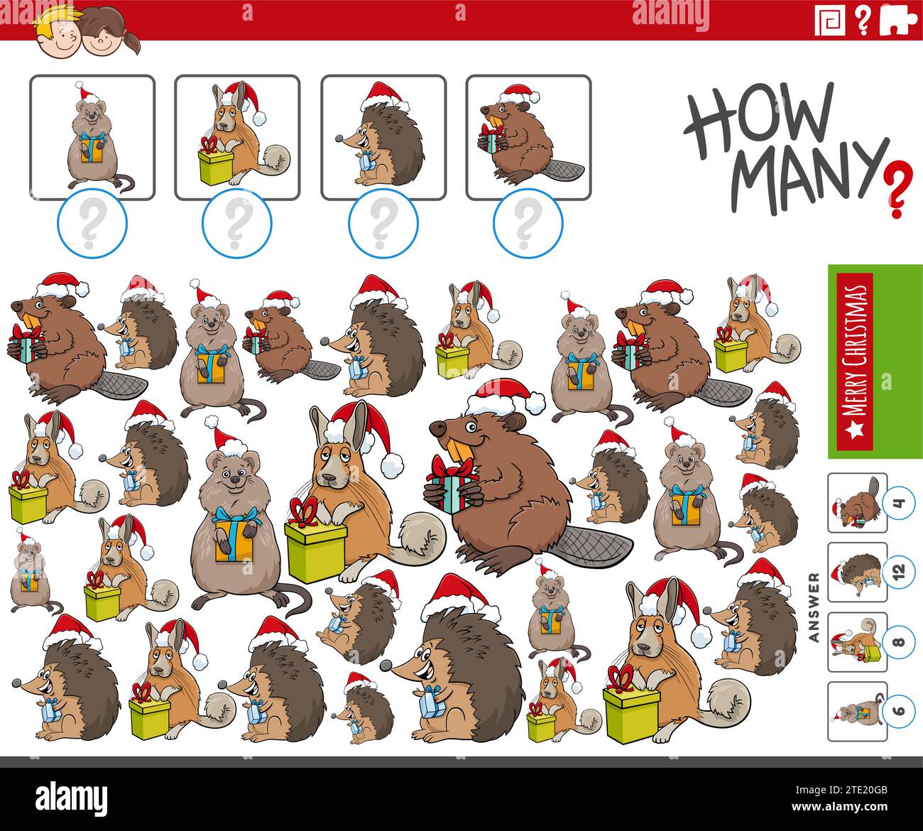 Cartoon illustration of educational counting game with comic animal ...