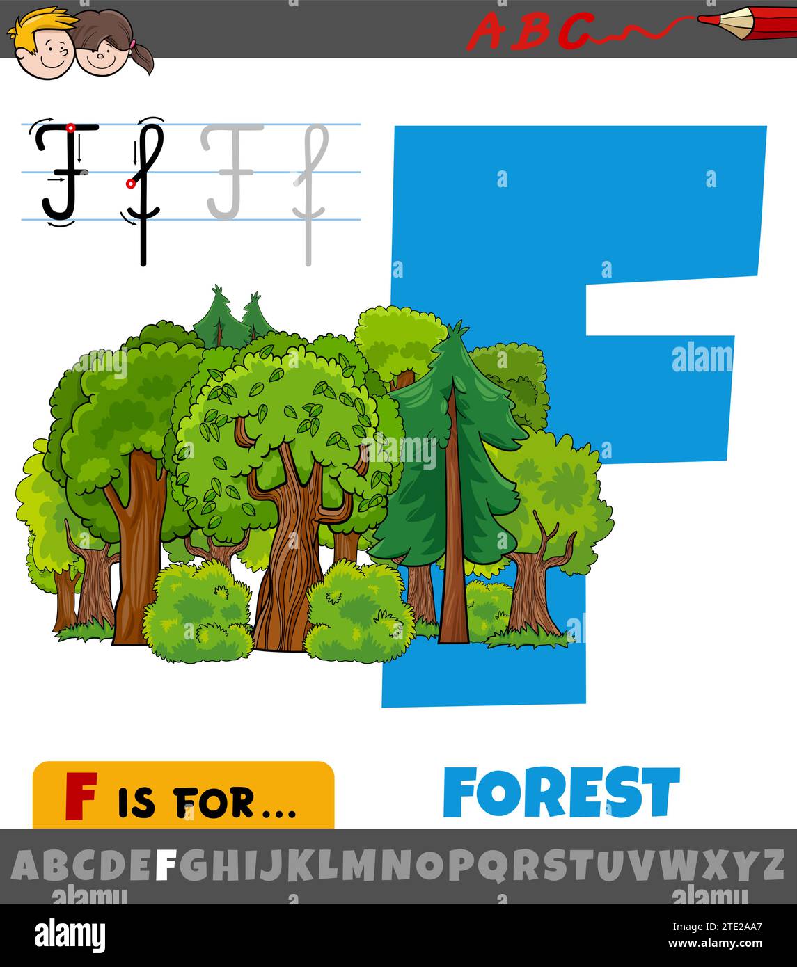 Educational cartoon illustration of letter F from alphabet with forest ...