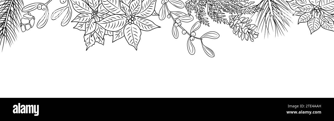 Christmas border with winter greenery line art Stock Vector Image & Art ...