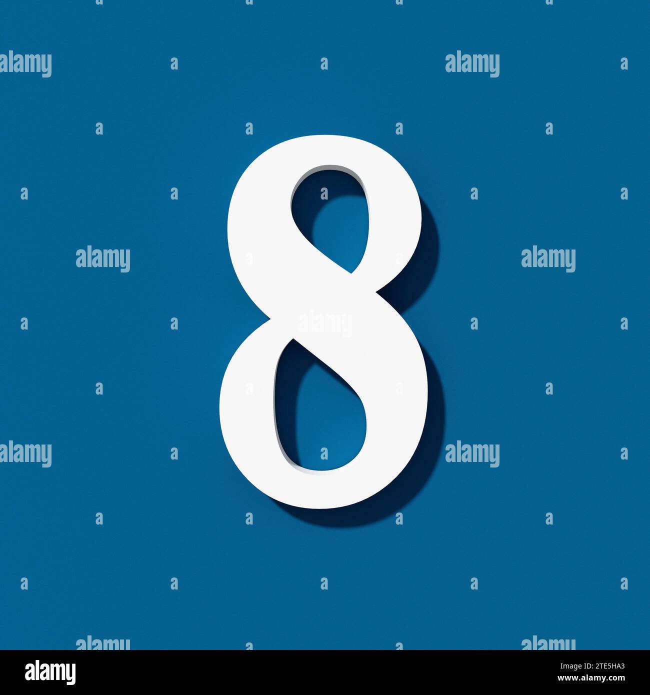 White number eight 8 on blue background. Top view. 3D render Stock ...