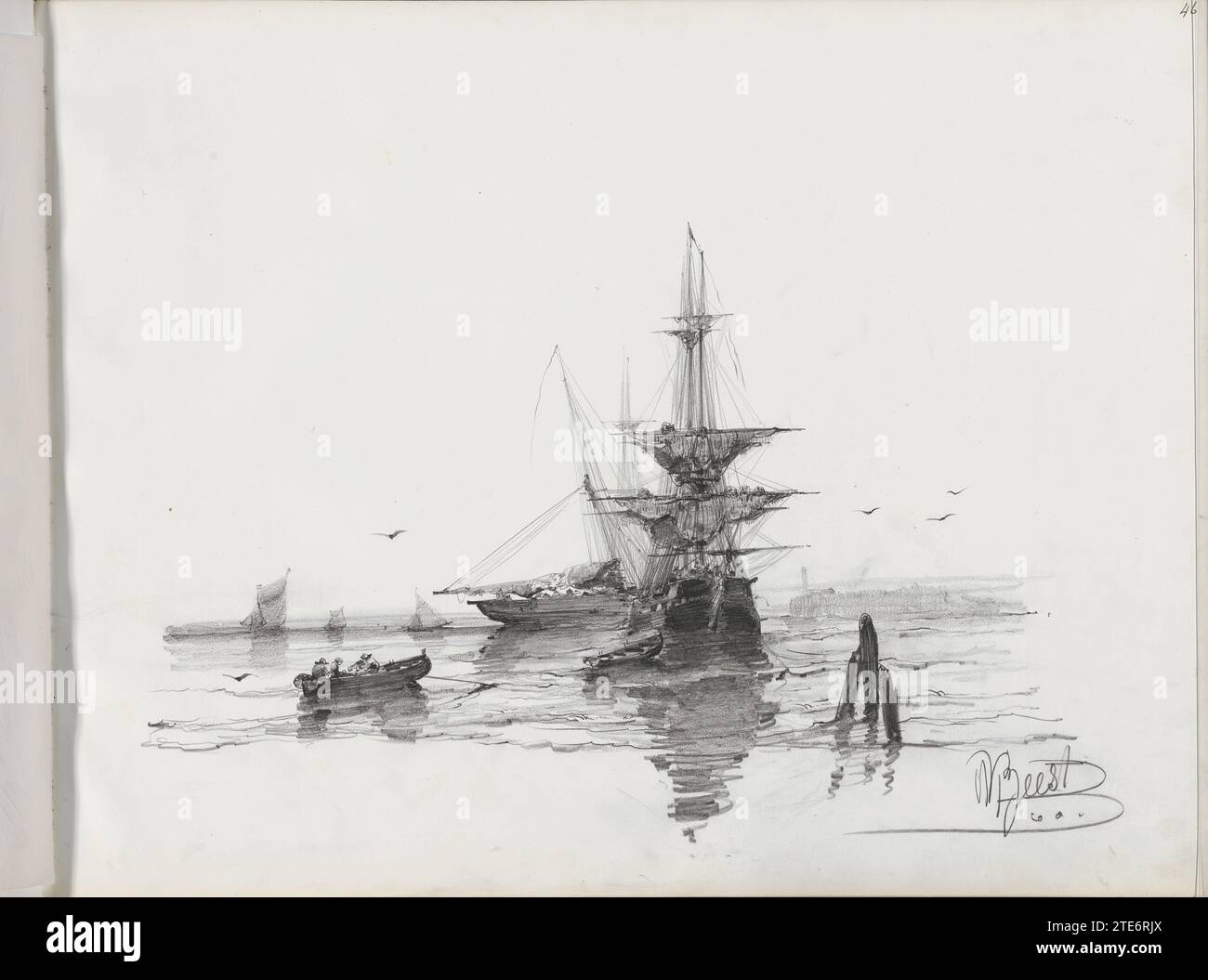 Sailing ships on the water, 1830 - 1860 Page 46 Recto from a sketchbook ...