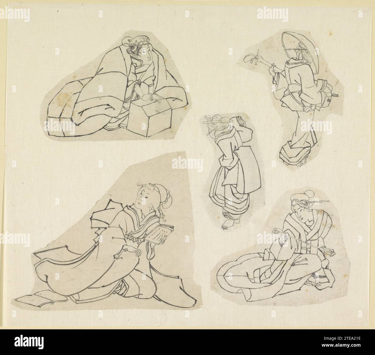 VIJF VROUENFIGUREN, KATSUSHIKA HOKUSAI, 1800-1900 Leaf with five stuck ...