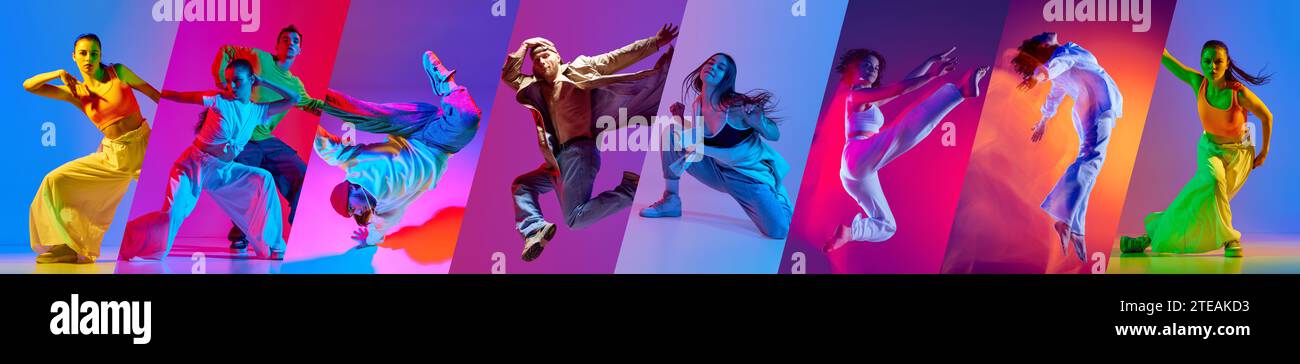 Dance battle. Collage. Young people dancing modern dances over ...