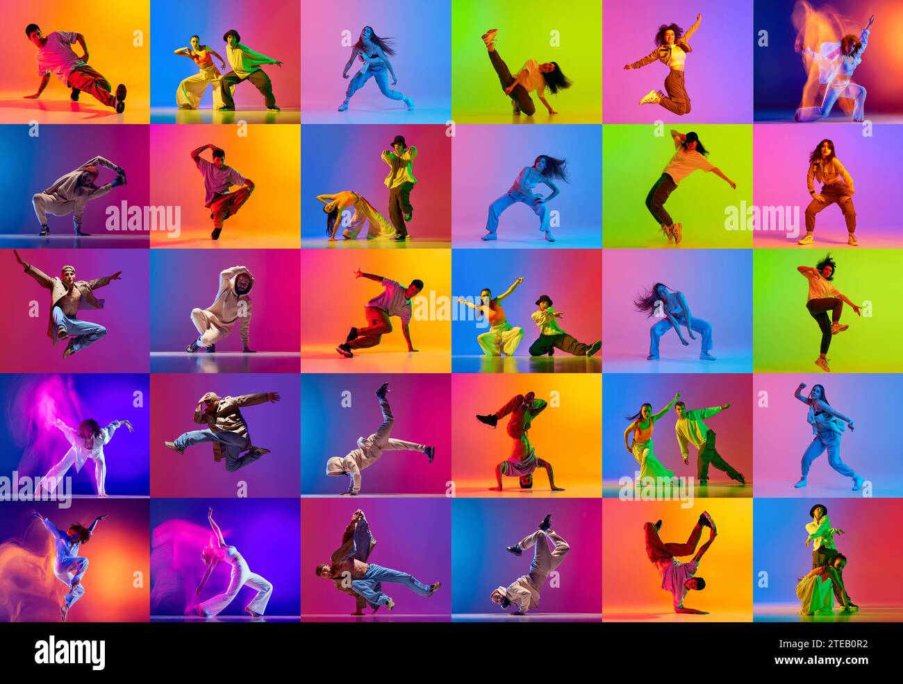 Collage. Talented artistic young people, men and women perfuming hip ...