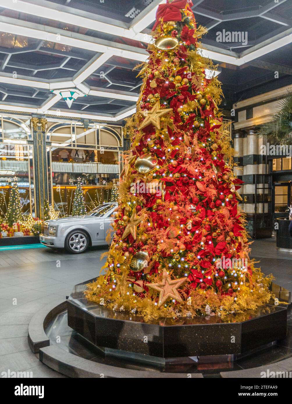 A luxury car, and opulent christmas tree by the front hall of the Savoy ...