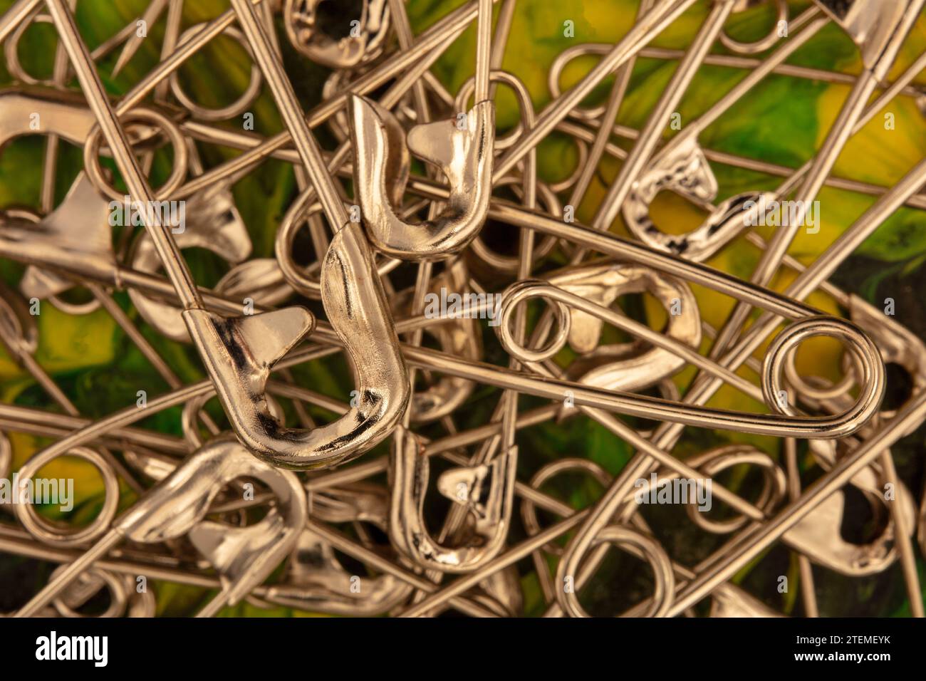 High resolution macro still life of commercially important safety pins ...