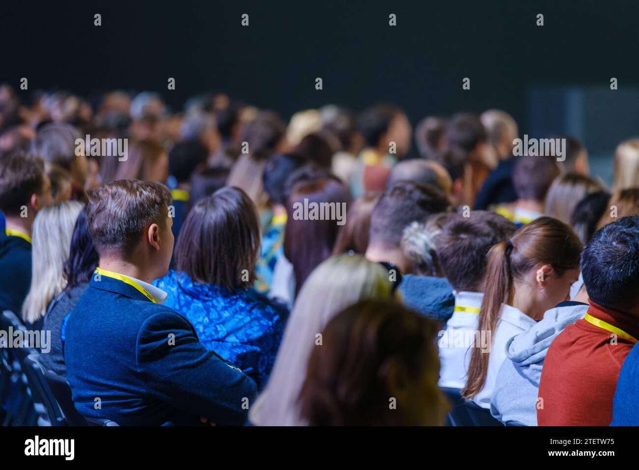 Side view of multiethnic business crowd attending global seminar at ...