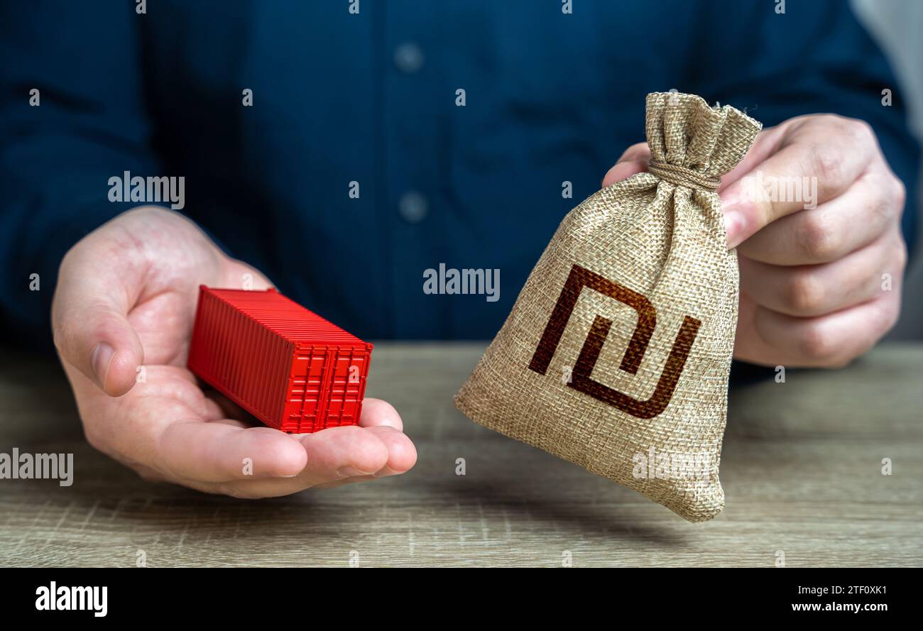 Ship container and israeli shekel money bag. Trade and delivery ...