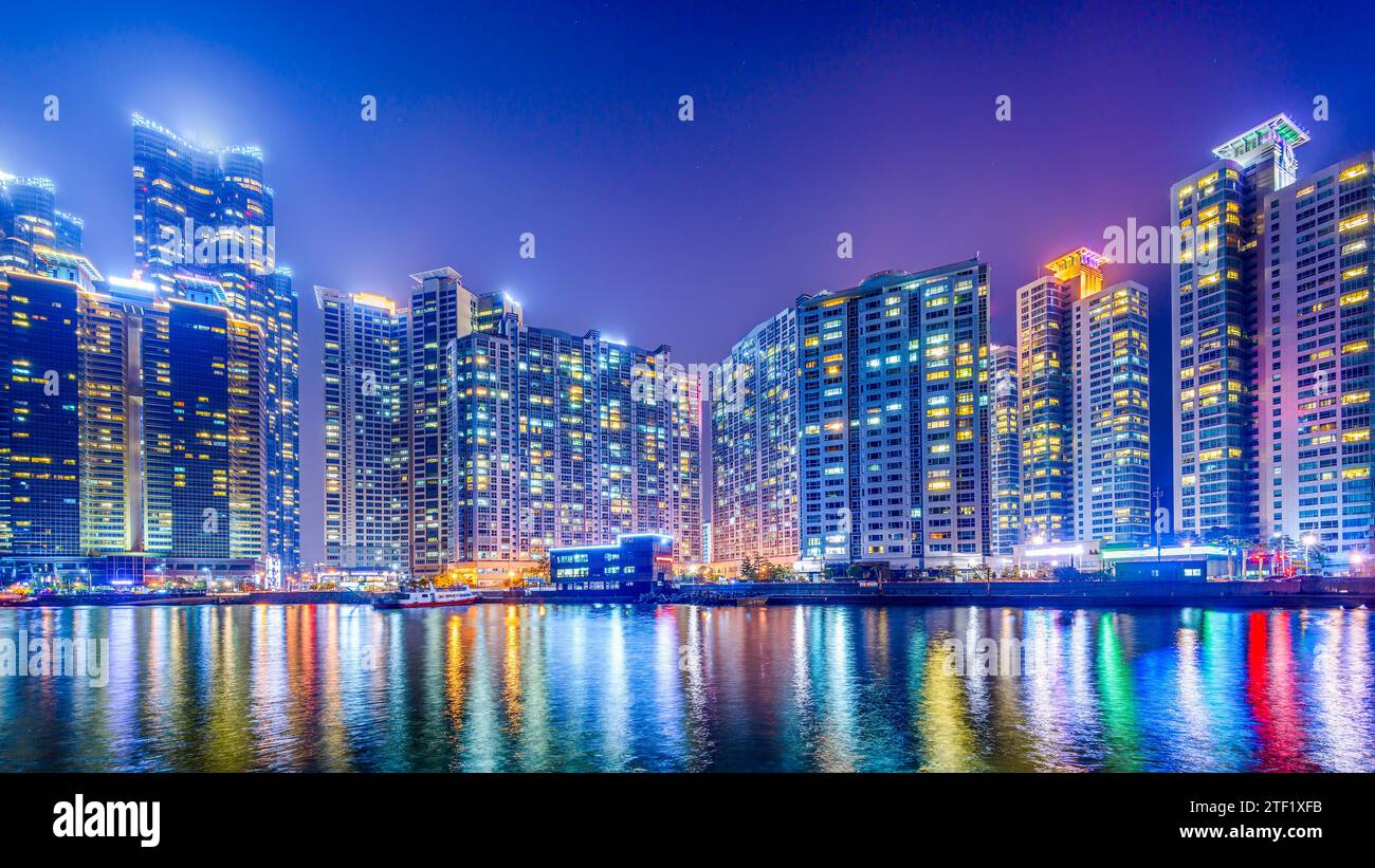 Busan, South Korea skyline at night in the Haeundae district Stock ...