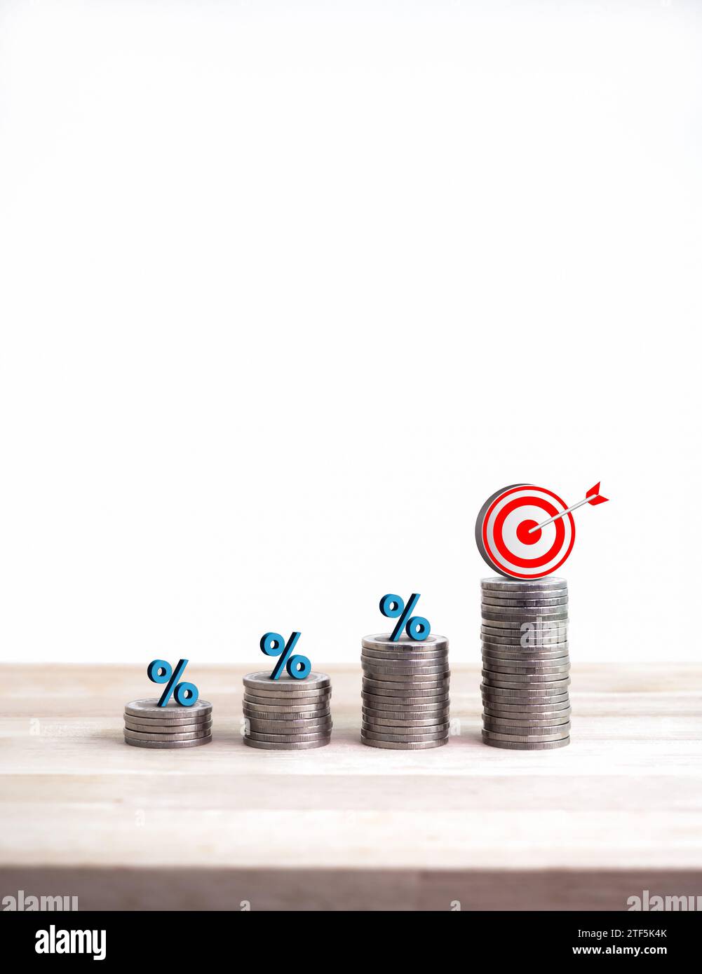 3D Target icon and blue percentage symbol on coin stacked as a bar ...