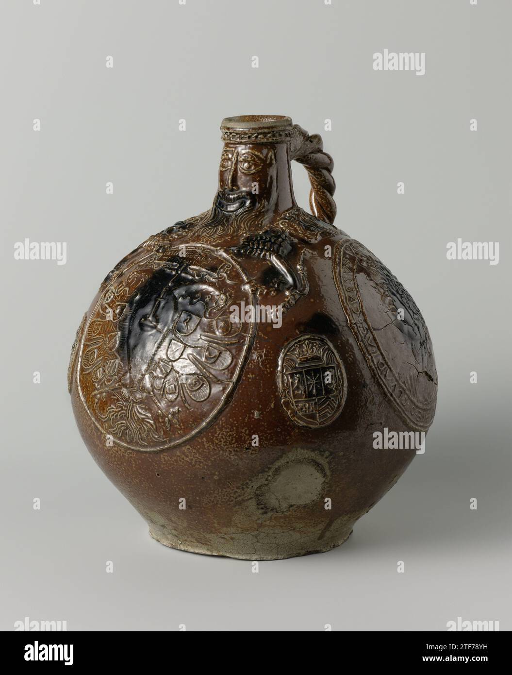 Jug (Bartmann jug) with coats of arms and portraits, anonymous, c. 1598 ...