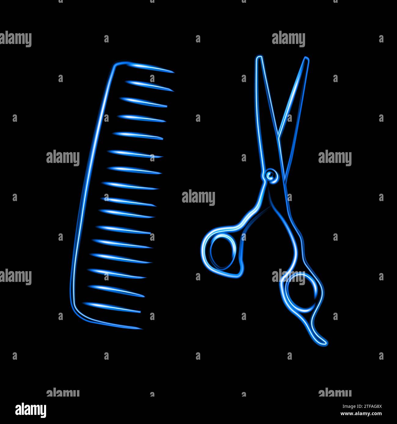 Vector isolated illustration of barber scissors and comb with neon ...