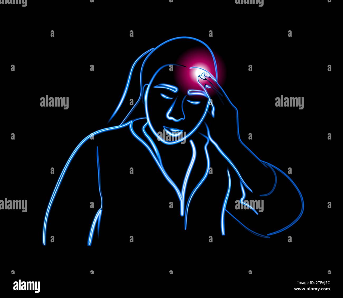 Vector isolated illustration of a girl with a headache. Neon contour ...
