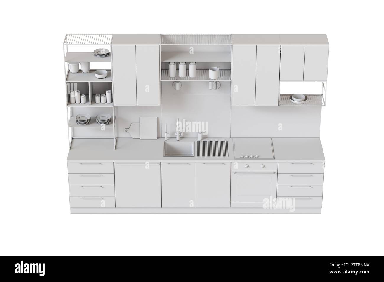 modern kitchen isolated on white background, home furniture, 3D ...