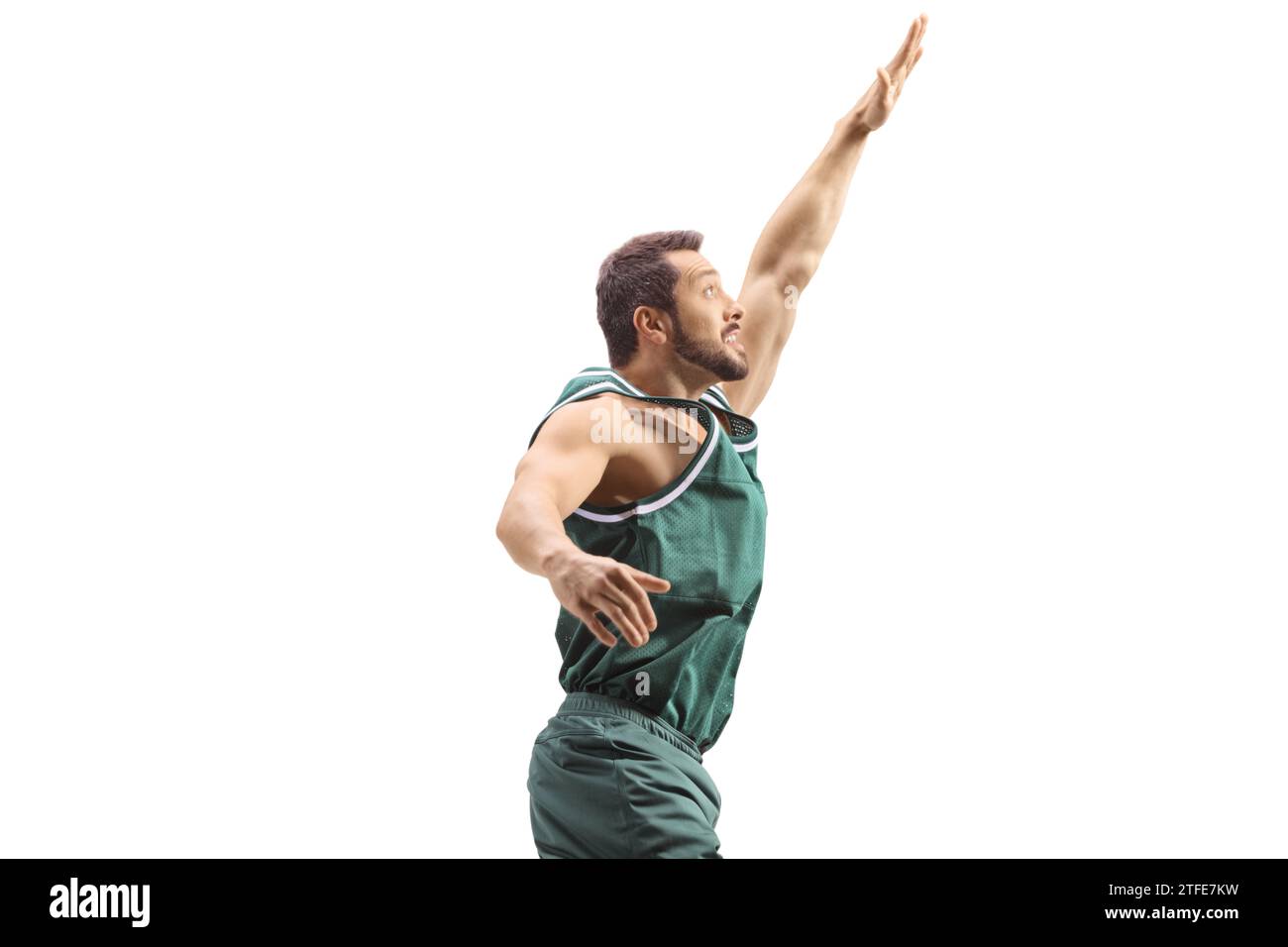 Basketball player jumping and performing blocking isolated on white ...