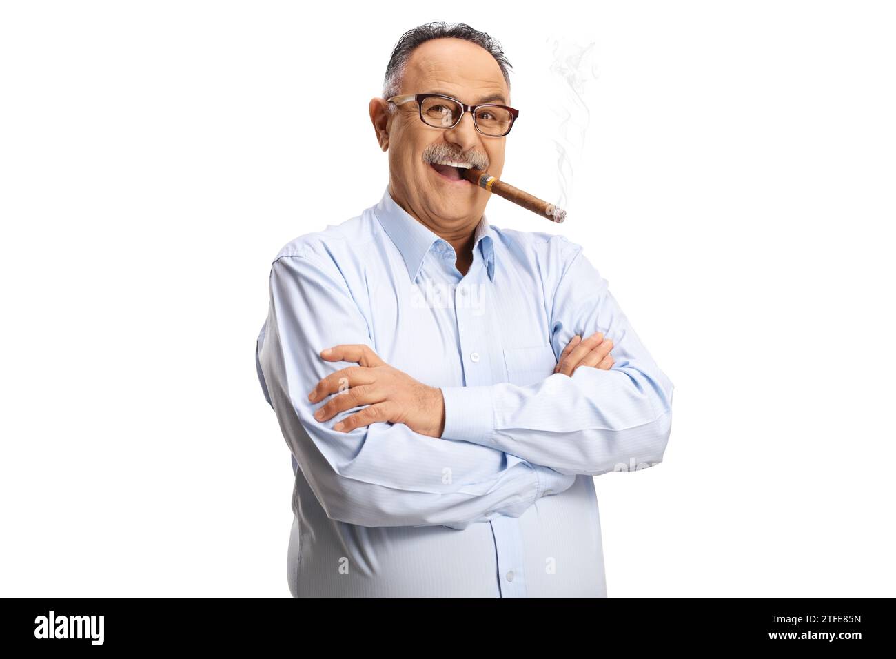 Mature man smoking a cigar and posing with folded arms isolated on white background Stock Photo ...