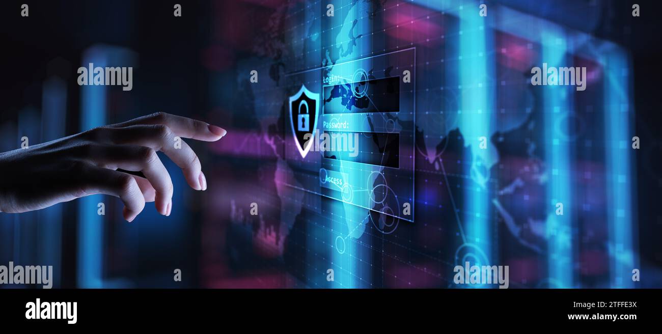 Access window with login and password on virtual screen. Cyber security ...