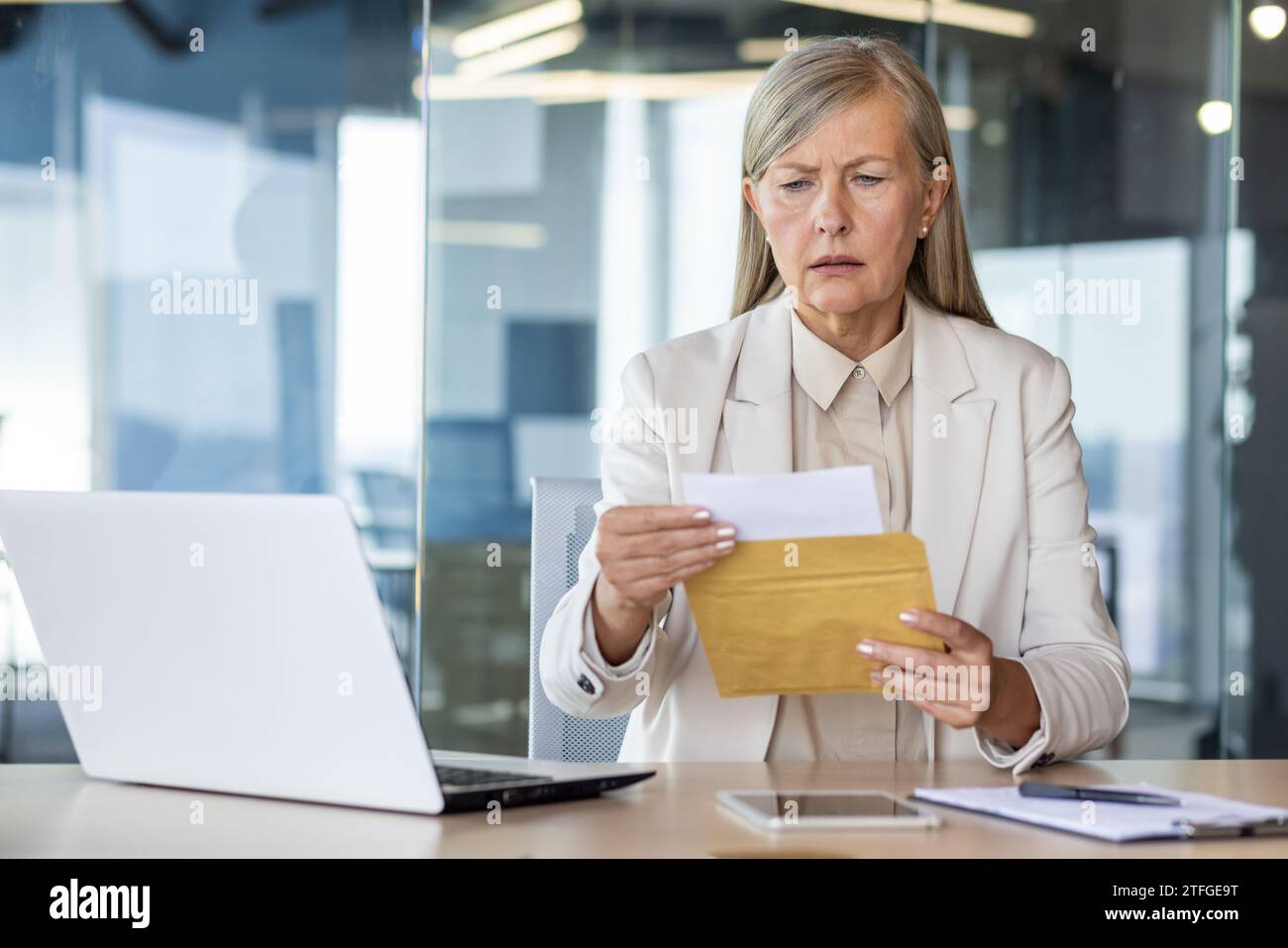 Businesswoman boss received letter mail notification message with bad ...