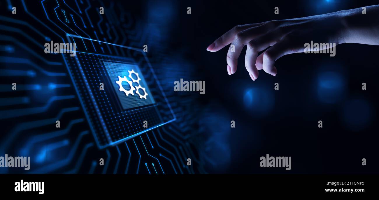 Gears mechanism on virtual screen. Automation and business process flow ...