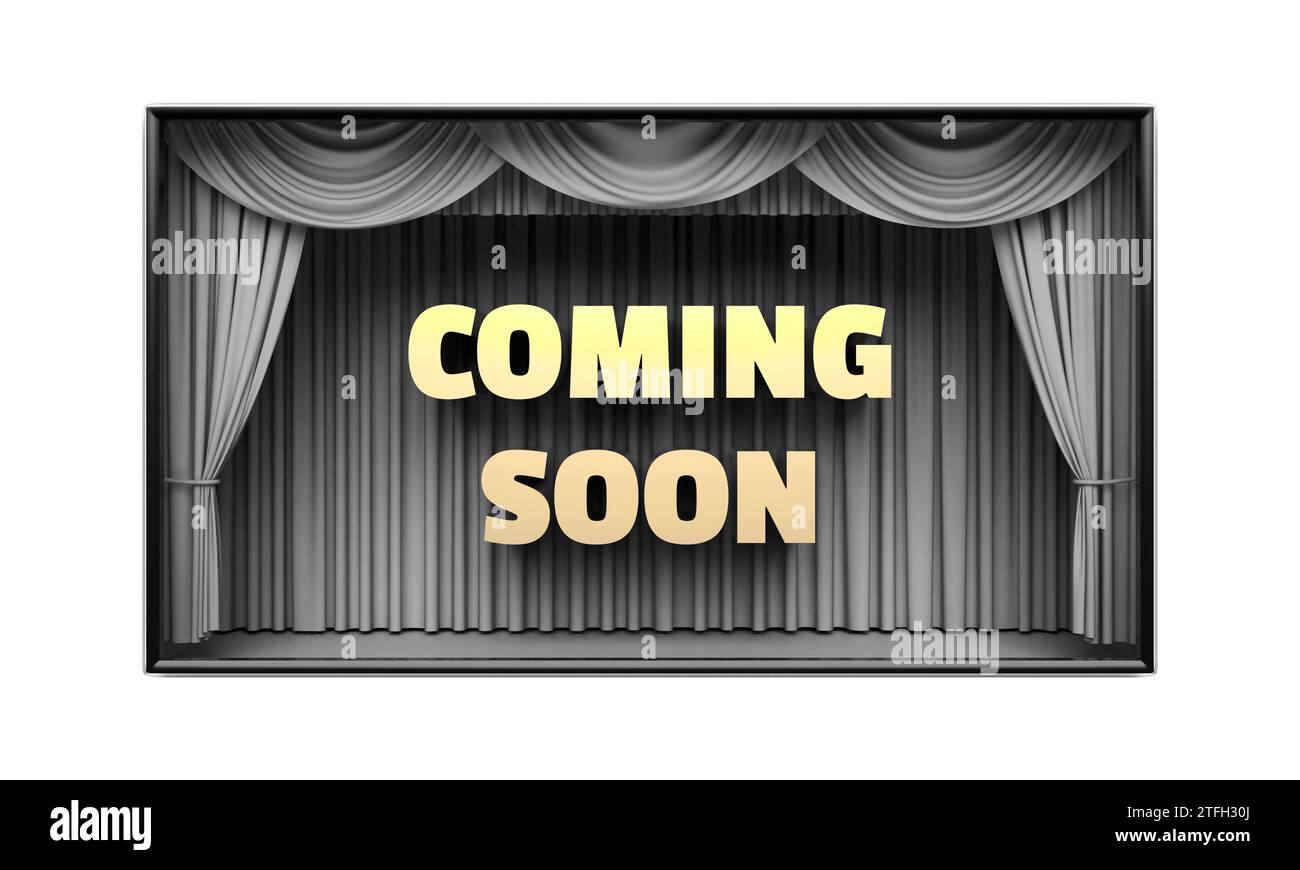 Coming Soon poster. Golden letters, stage curtains revealing a message ...