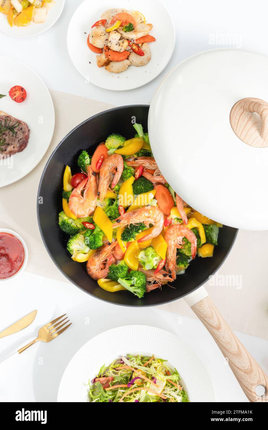 Images of cooking at home, preparing dinner, Asian food on the table ...