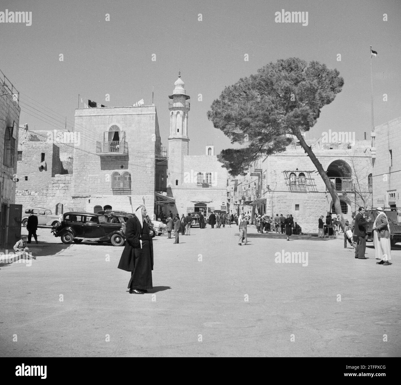 Street scene in Bethlehem with minaret in the background ca. 1950-1955 ...