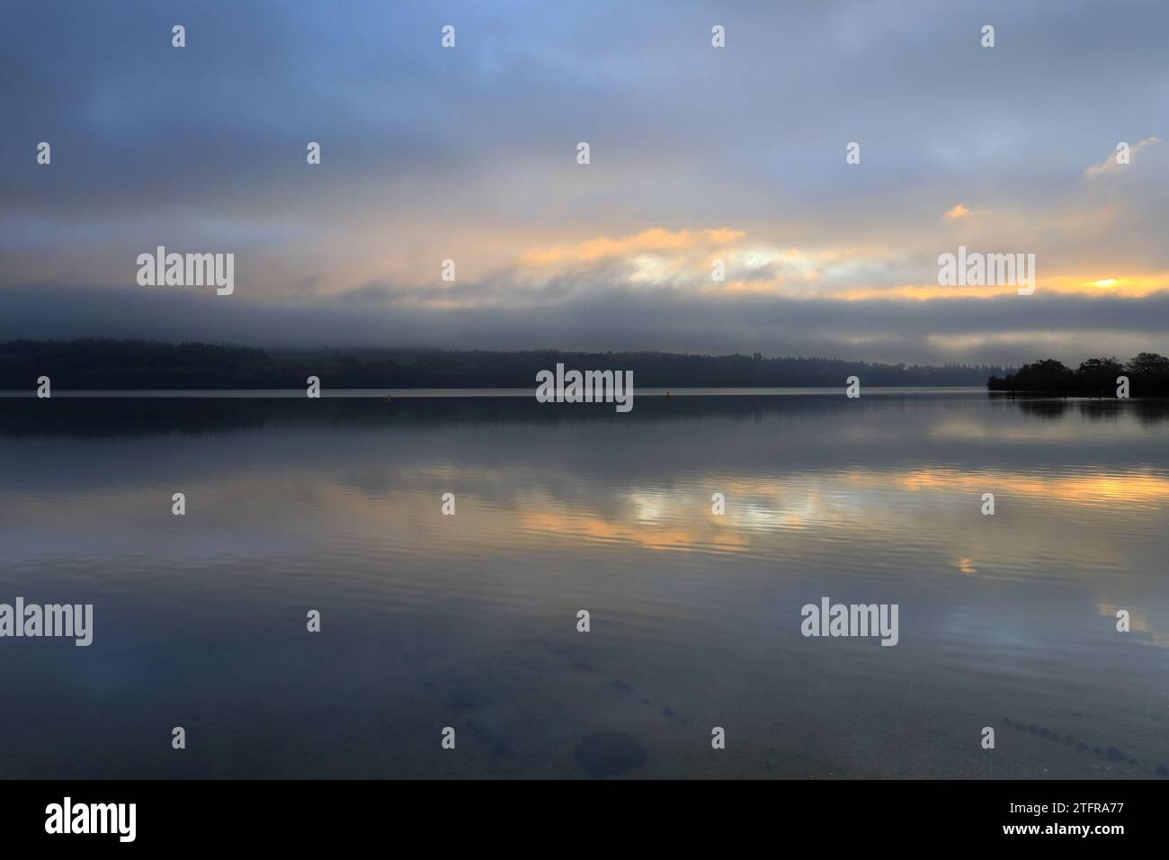 A misty dawn over Loch Lomond from Duck Bay, Balloch village, West ...