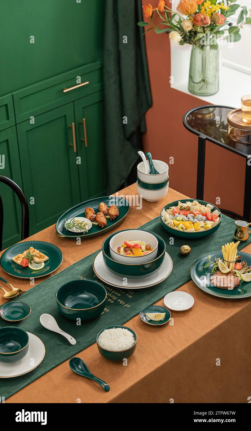 Images of cooking at home, preparing dinner, Asian food on the table ...