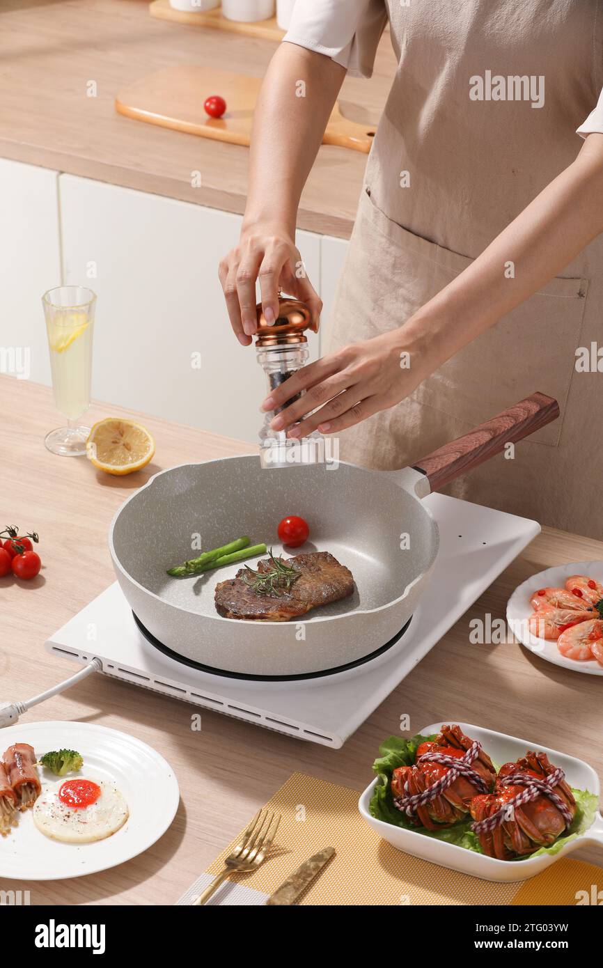 Images of cooking at home, preparing dinner, Asian food on the table ...