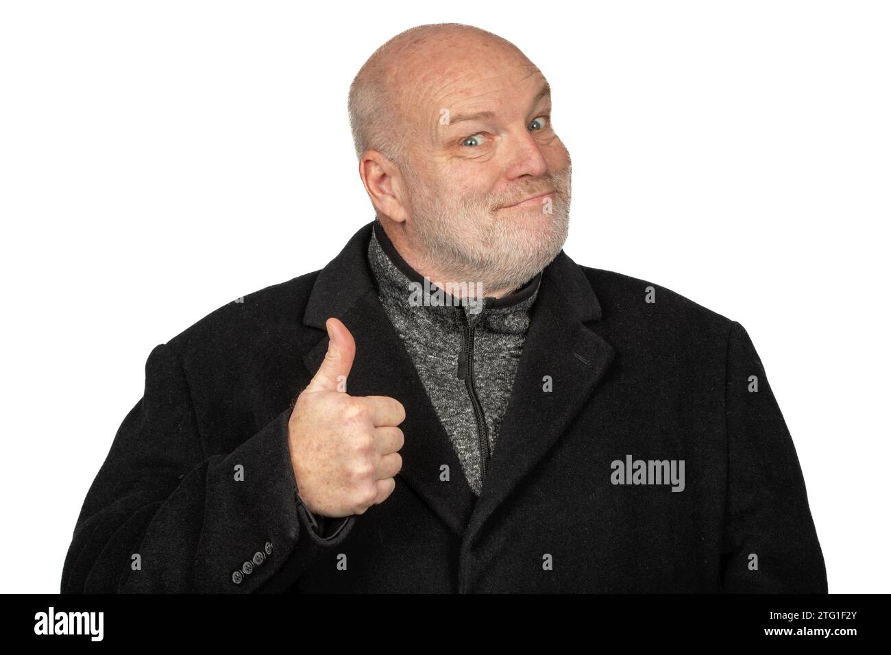 Confident 58-Year-Old Man in Winter Coat Giving Thumbs Up on White ...