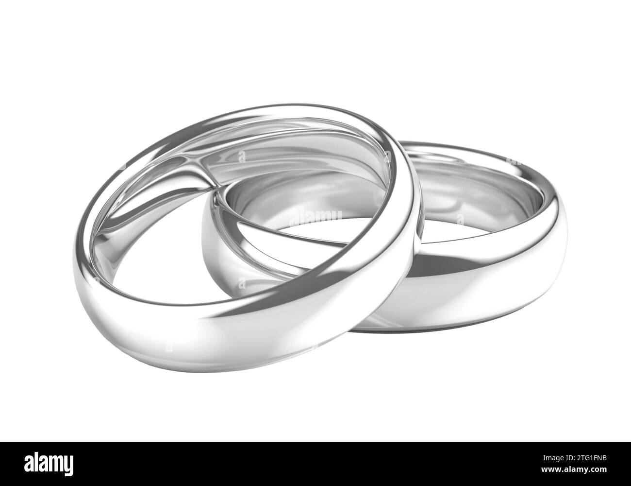 Two white gold, platinum or silver wedding rings. 3D illustration ...
