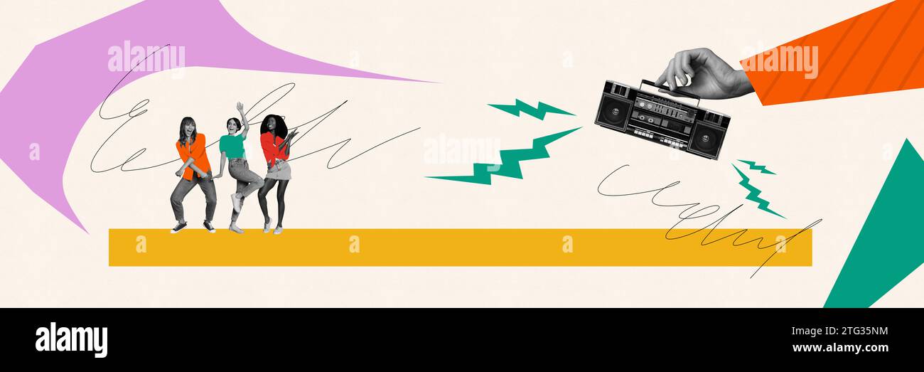 Collage creative poster monochrome effect sketch drawing young happy ...